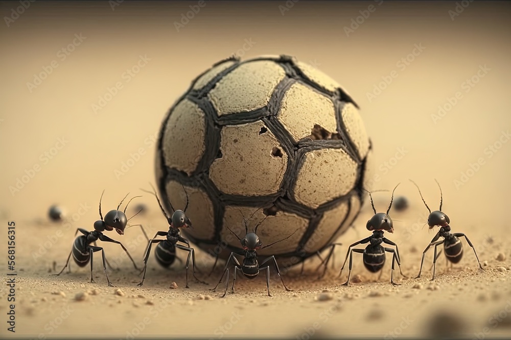 a group of ants standing next to a soccer ball on the ground with other ...