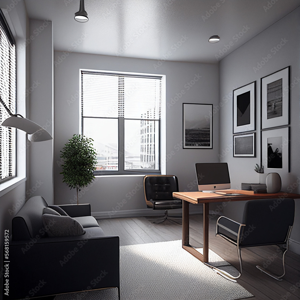 AI generated modern office space, room with a desk, chair, bookshelf ...