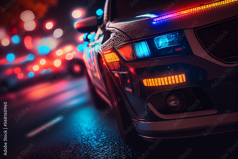 Police car in New York. Police car with red and blue emergency lights ...