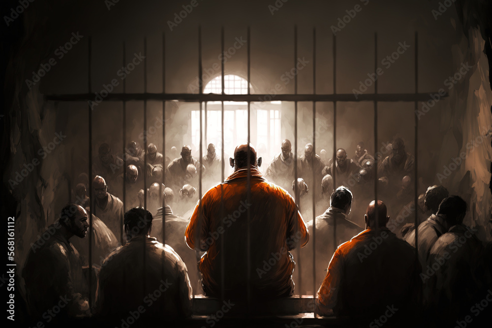 Concept art for a movie showing prisoners standing and sitting in cells ...