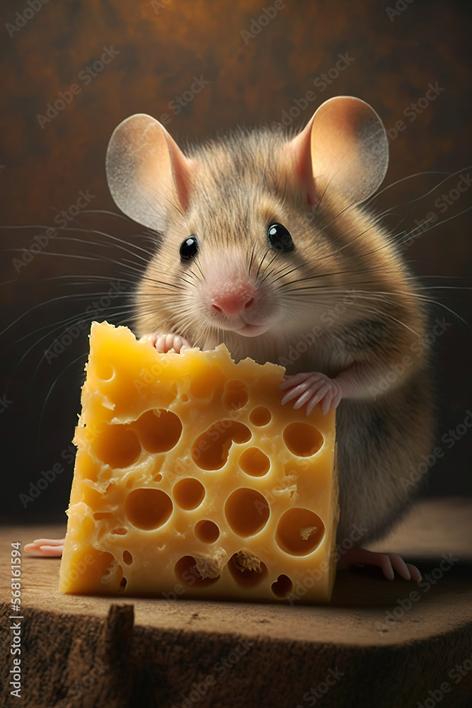 Mouse and cheese. Illustration of the mouse eating the cheese. AI ...