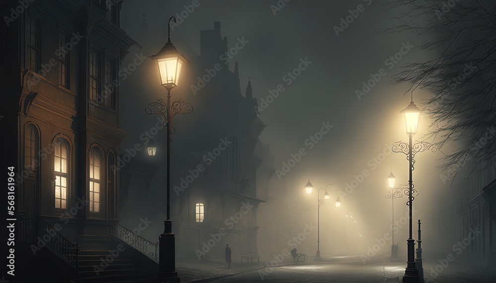 a foggy street with a lamp post and street lights on a foggy night with ...