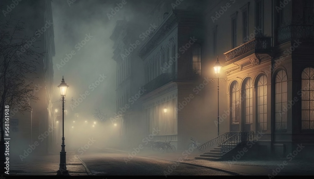 a foggy street at night with a lamp post in the foreground and a ...
