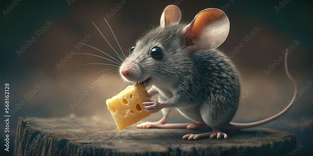 Mouse and cheese. Illustration of the mouse eating the cheese. AI ...