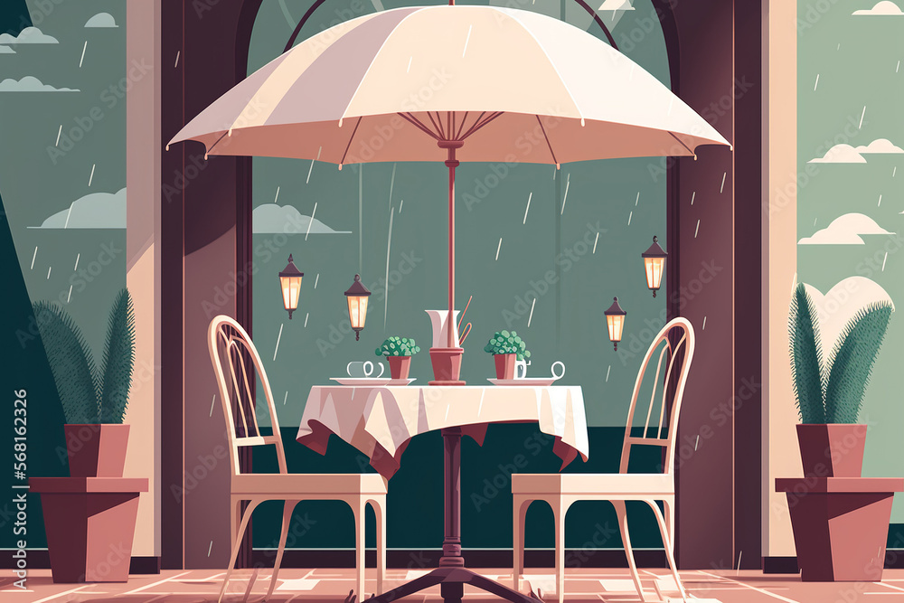 outside restaurant interior design. Illustration of a table with a vase ...