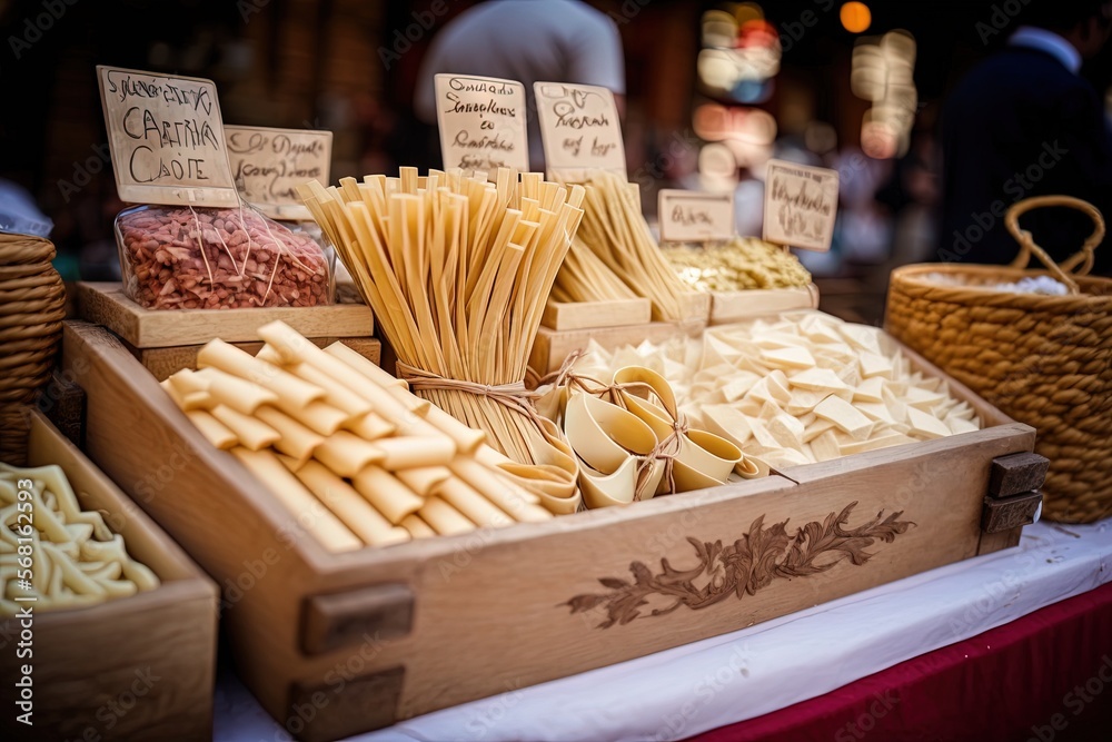 a wooden box filled with lots of different types of pasta and other ...