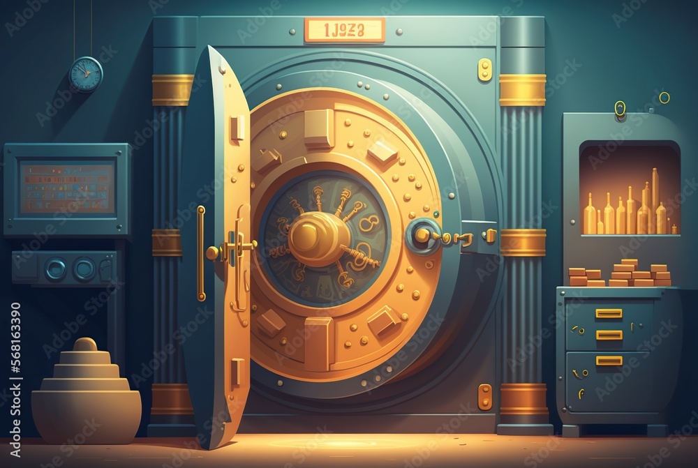 cartoon illustration, bank vault with safe door, generative ai Stock ...