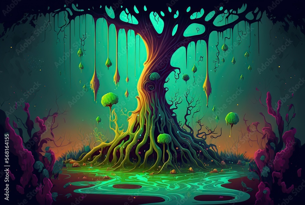 cartoon illustration, a magical forest landscape and an alien tree ...