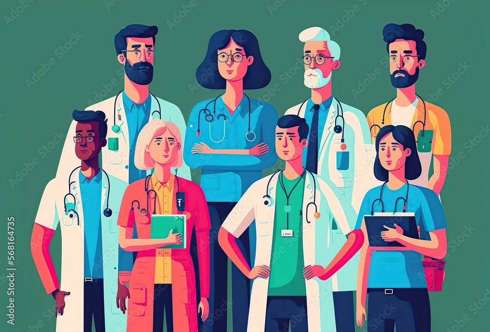 cartoon illustration, hospital team with doctors and nurses in uniform ...