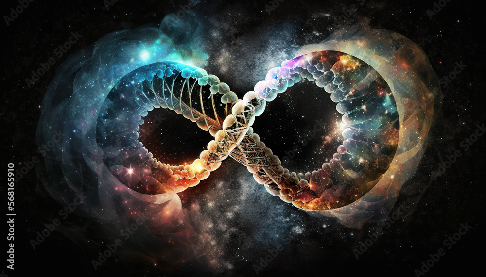 Representation of DNA in an imagined cosmos. DNA illustration. AI ...