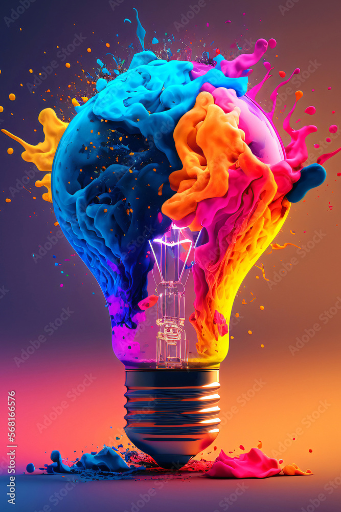 a colorful glowing idea bulb lamp, visualization of brainstorming ...