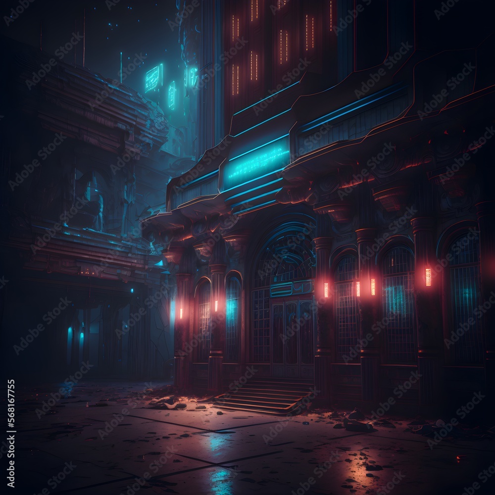 cyberpunk futuristic theme old roman empire buildiings neon lights ...