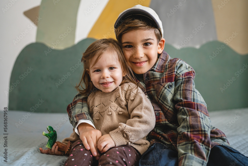 siblings portrait caucasian boy and girl brother and sister at home ...