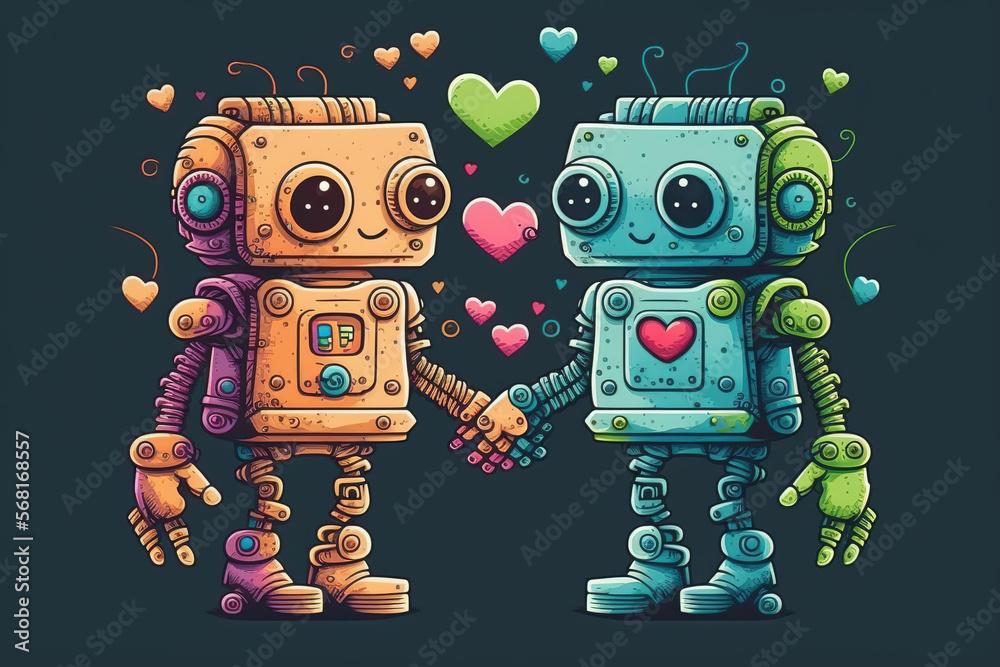 Robots in Love, Robot Couple Illustration, Cute Robot Character Print ...