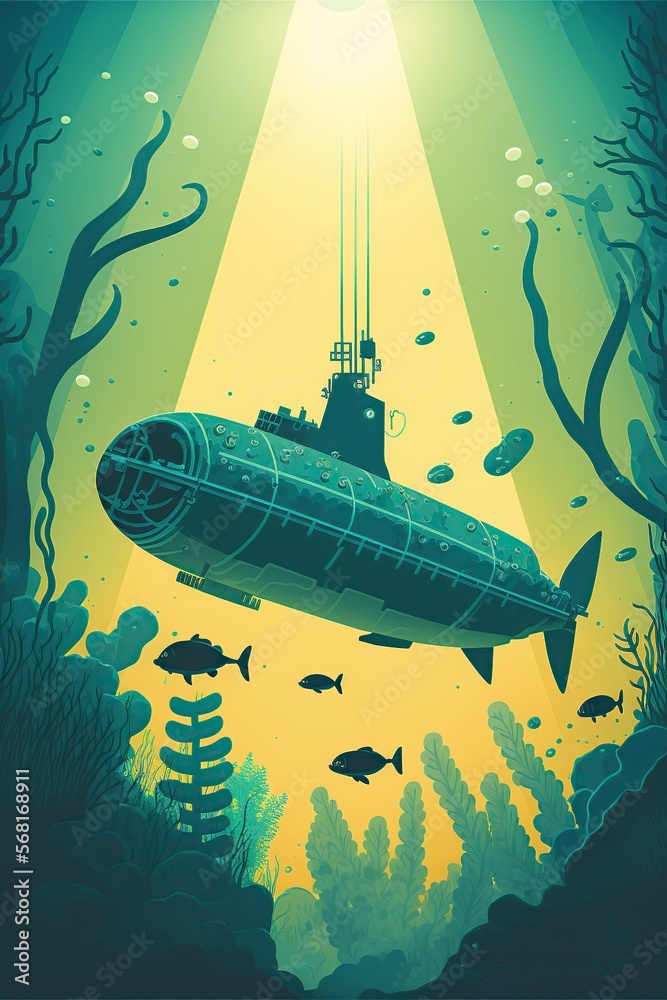 cartoon illustration, underwater submarine and aquatic plants, ai ...