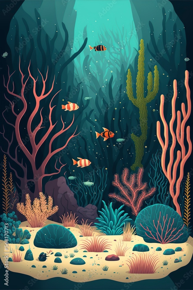 cartoon illustration, underwater scene of the seabed with corals and ...