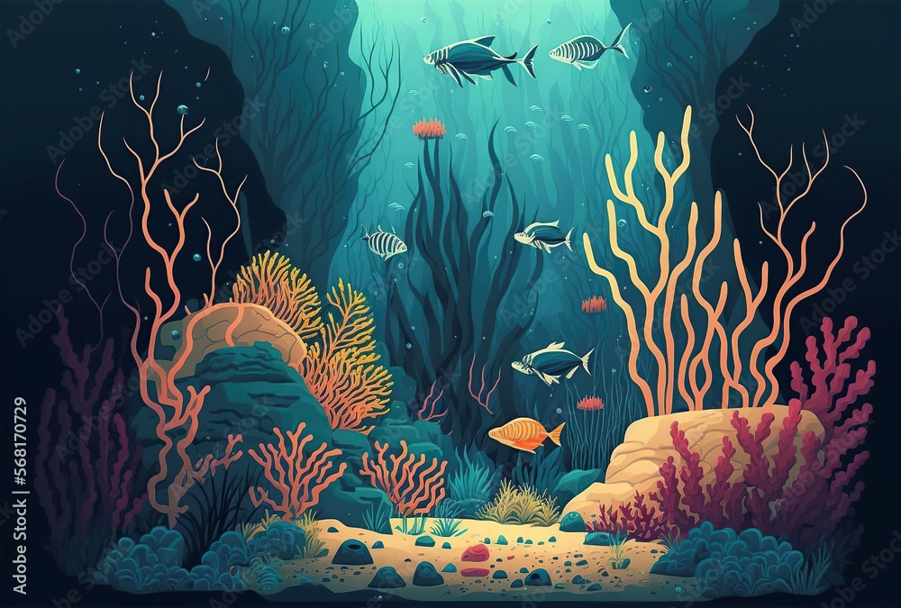 cartoon illustration, underwater scene of the seabed with corals and ...
