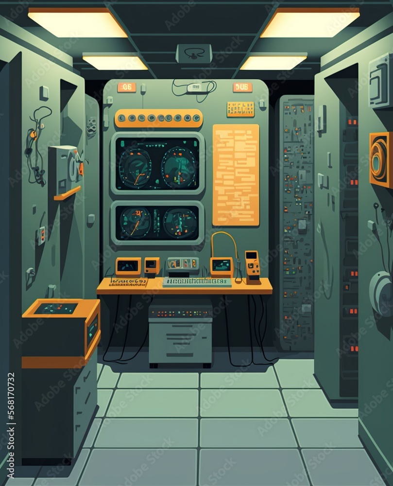 cartoon illustration, underground bunker with locker control panel, ai ...