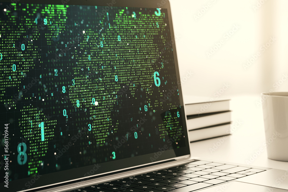 Modern computer display with abstract programming language hologram and world map, artificial ...