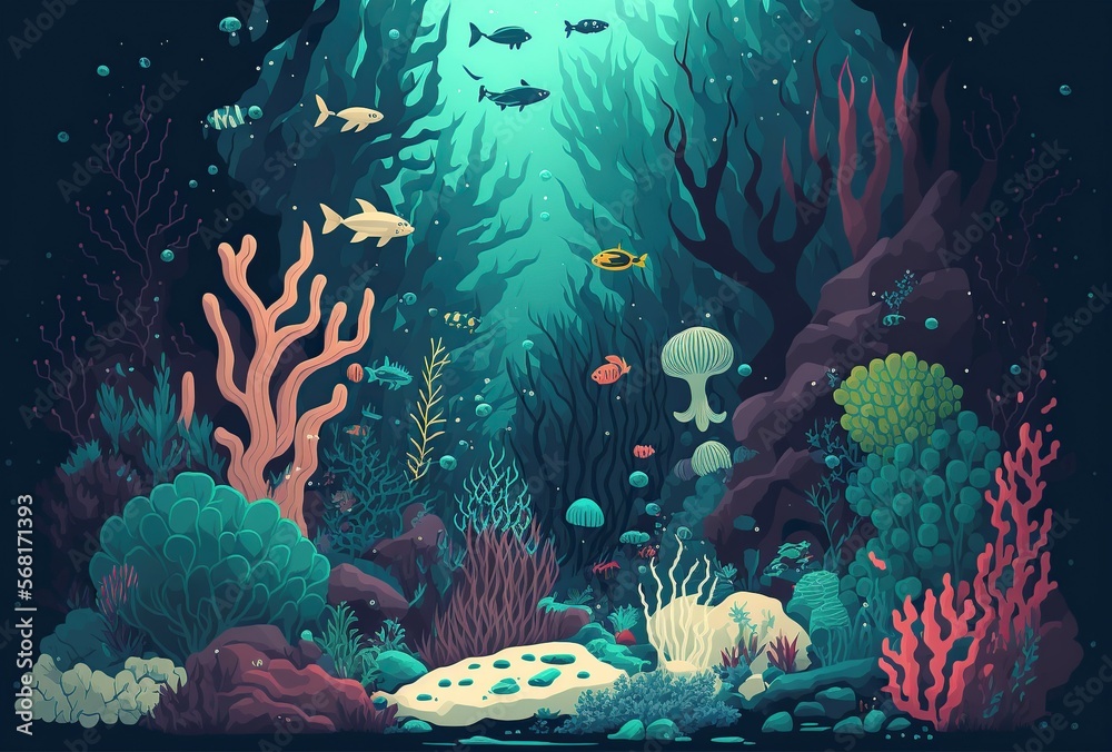 cartoon illustration, underwater scene of the seabed with corals and ...