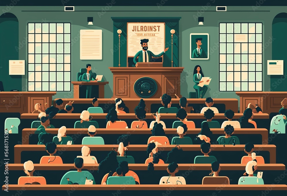 cartoon illustration, university lecture hall with professor at the ...