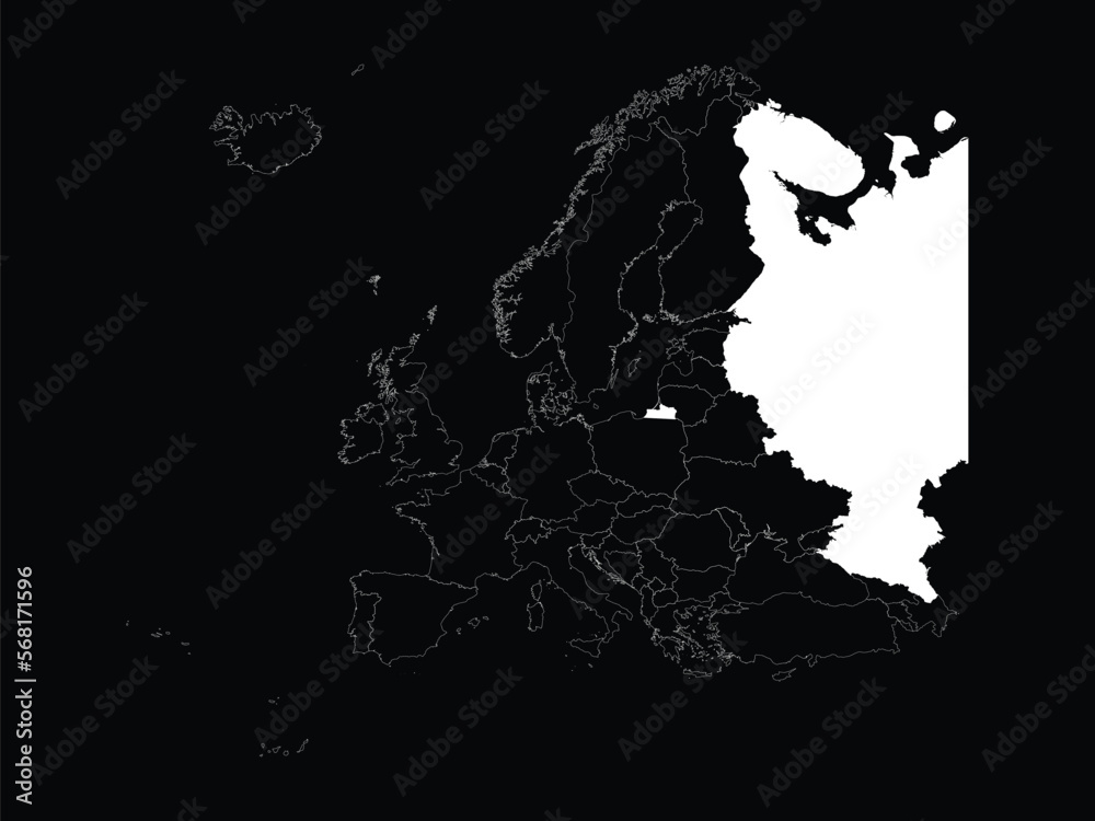 White map of Russia within map of European continent on black ...