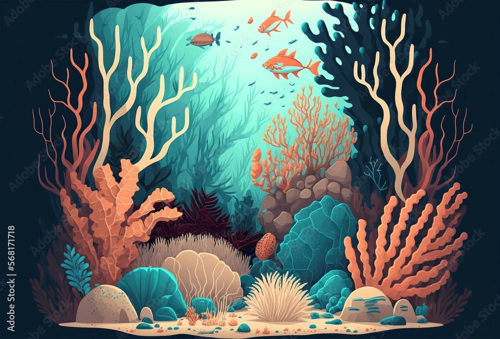 cartoon illustration, underwater scene of the seabed with corals and ...