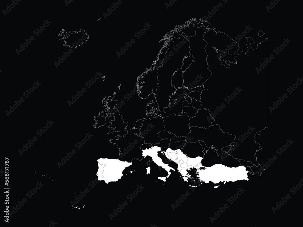 White map of South European countries within map of European continent ...