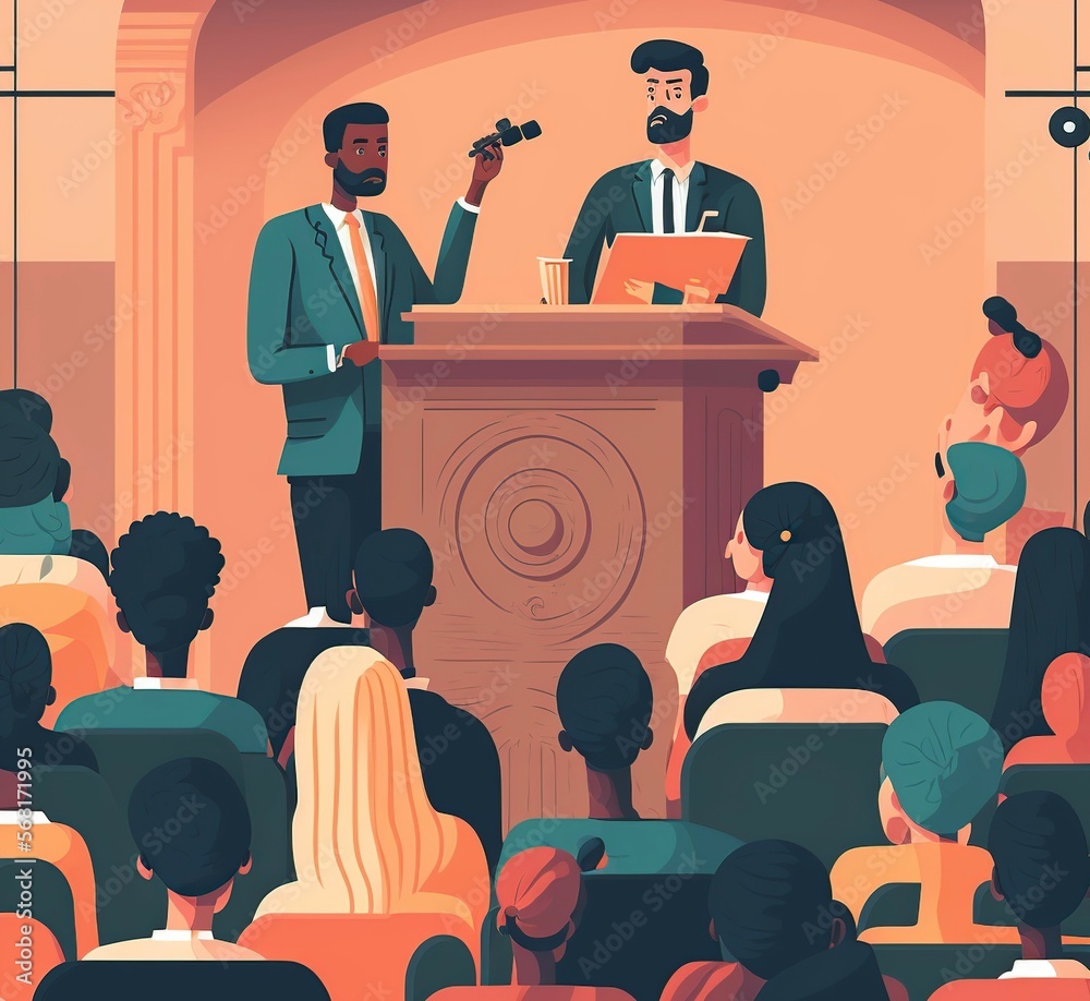 cartoon illustration, university lecture hall with professor at the ...