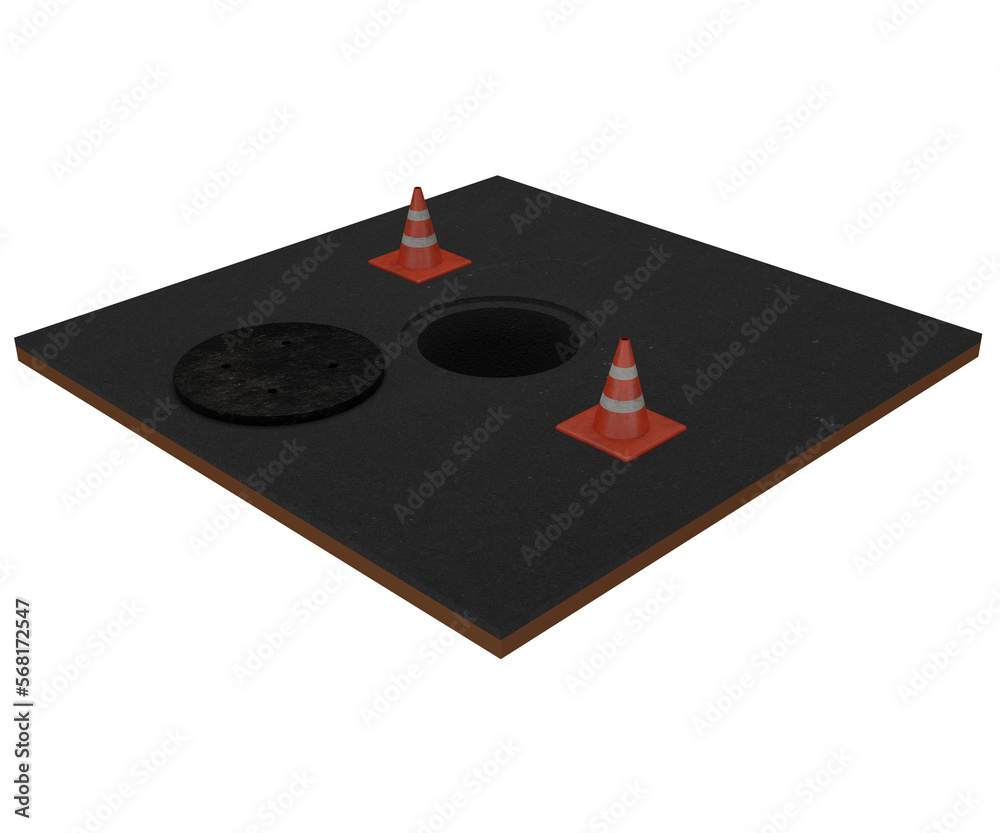 3d rendering isometric road with open culvert and traffic cones Stock ...