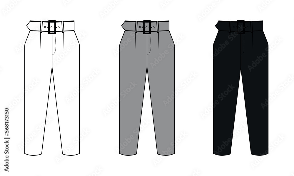 Sketch of basic pants with belt and pockets, vector. Set of patterns ...