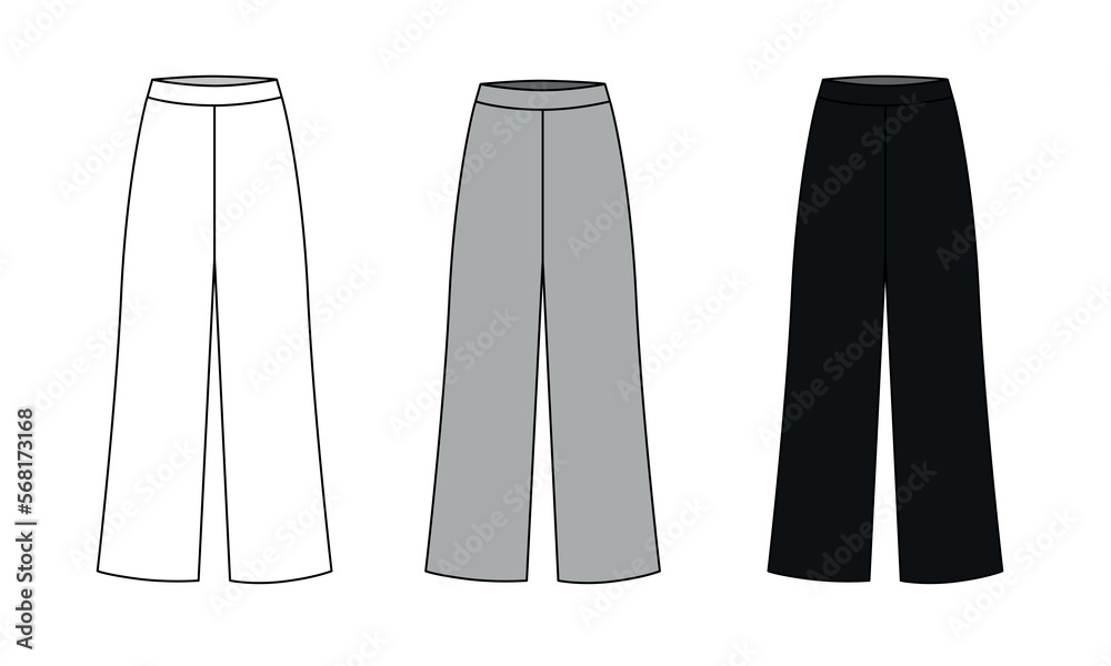 Set of drawings of trendy wide leg trousers in white, gray and black ...