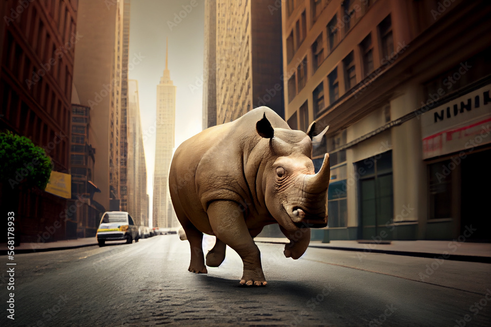 Rhino Running in Big City Skyline: Action-packed Stock Photo for Nature ...