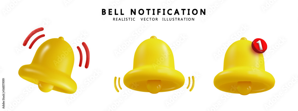 Bell 3d icons of bell ringing with notification label with figure PNG ...