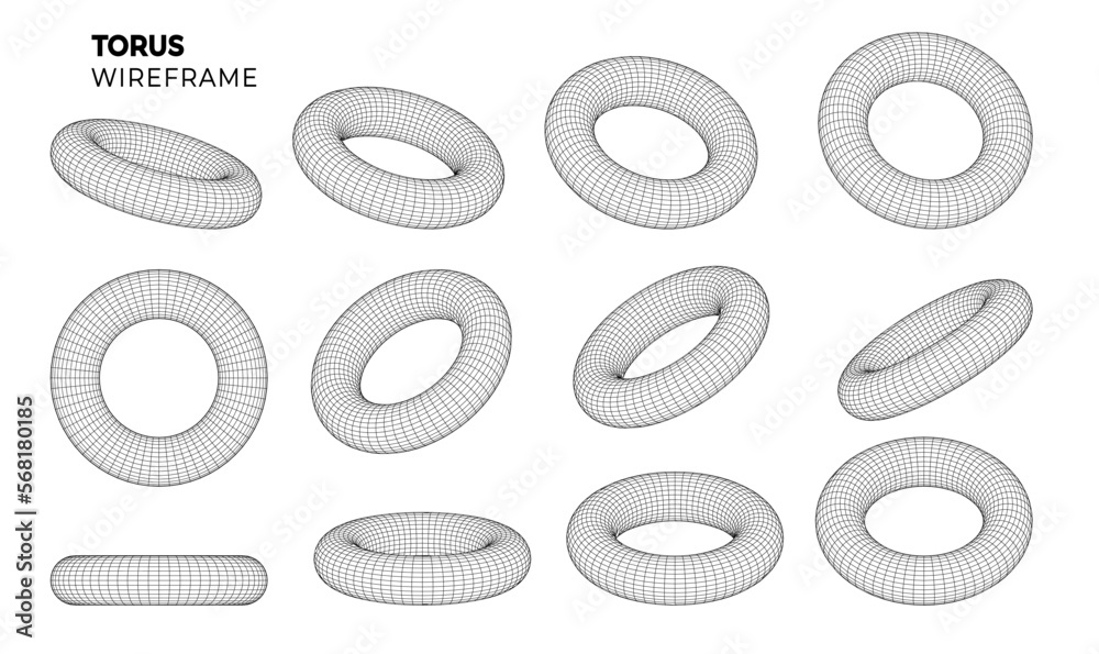 Wireframe torus grid set. Abstract geometric shape with torus PNG. 3D ...