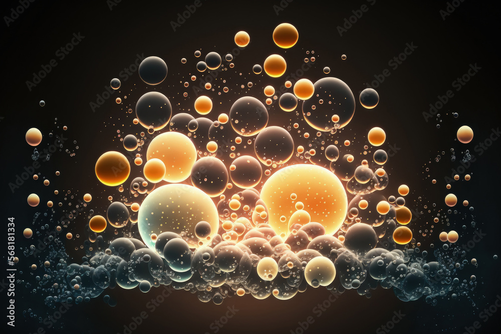 On a dark background, fuzzy images of soda water bubbles splashing and ...
