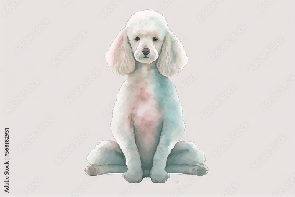 a watercolor drawing of a white poodle sitting down on a white ...