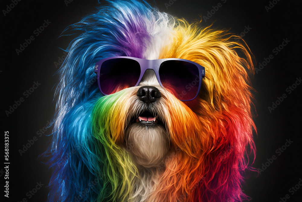 Cool and colorful dog with sunglasses. Rainbow colors. Diversity ...