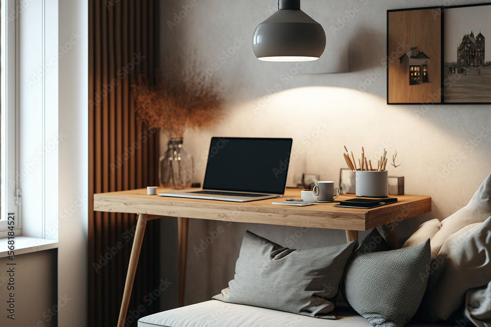 Interior design of a minimalist home's living room. laptop pc on a ...