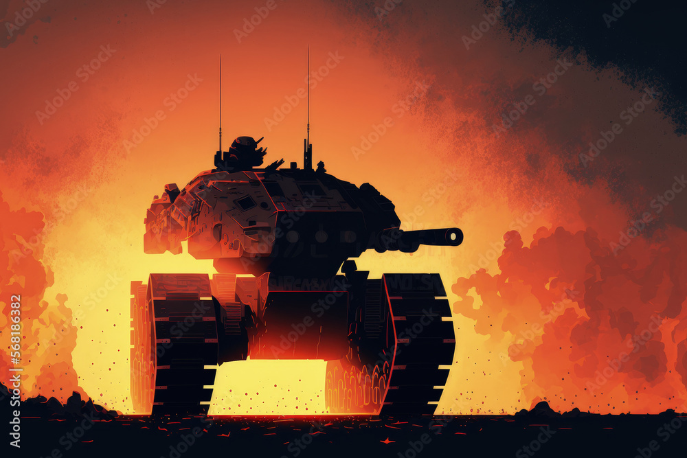 Silhouette of Giant robot. Futuristic tank in action with foggy fire ...