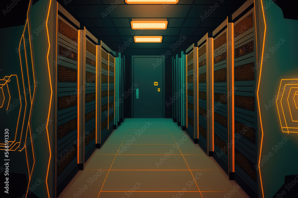 Digital representation of an empty server room with light trails and ...