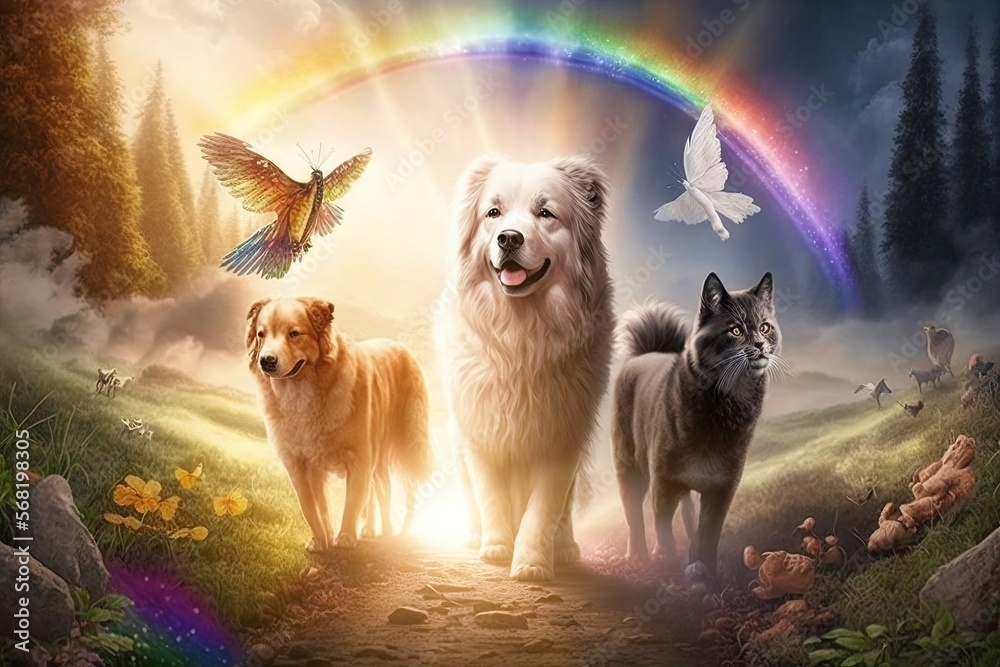 Dogs and cats living in a heavenly paradise, playing, running around in ...