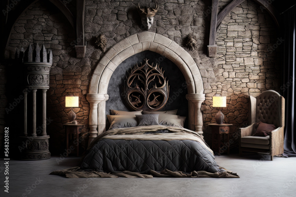 Game of Thrones Fantasy style bedroom interior with stone masonry ...