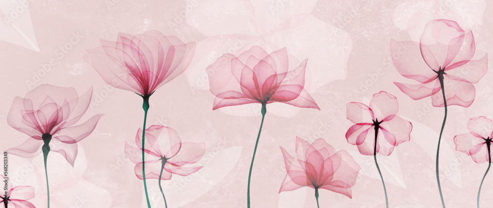 Watercolor art background with hand drawn pink transparent flowers ...
