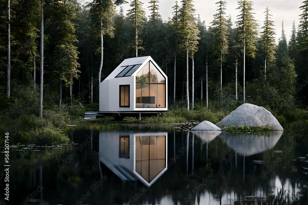 White Tiny House on Lake Modern Design Stock Illustration | Adobe Stock