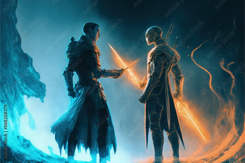 sci-fi scene showing fight of two futuristic men with magics , digital ...