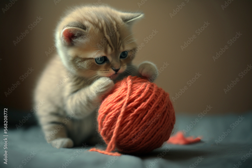 Cute cat playing with yarn, created by generative AI technology Stock ...
