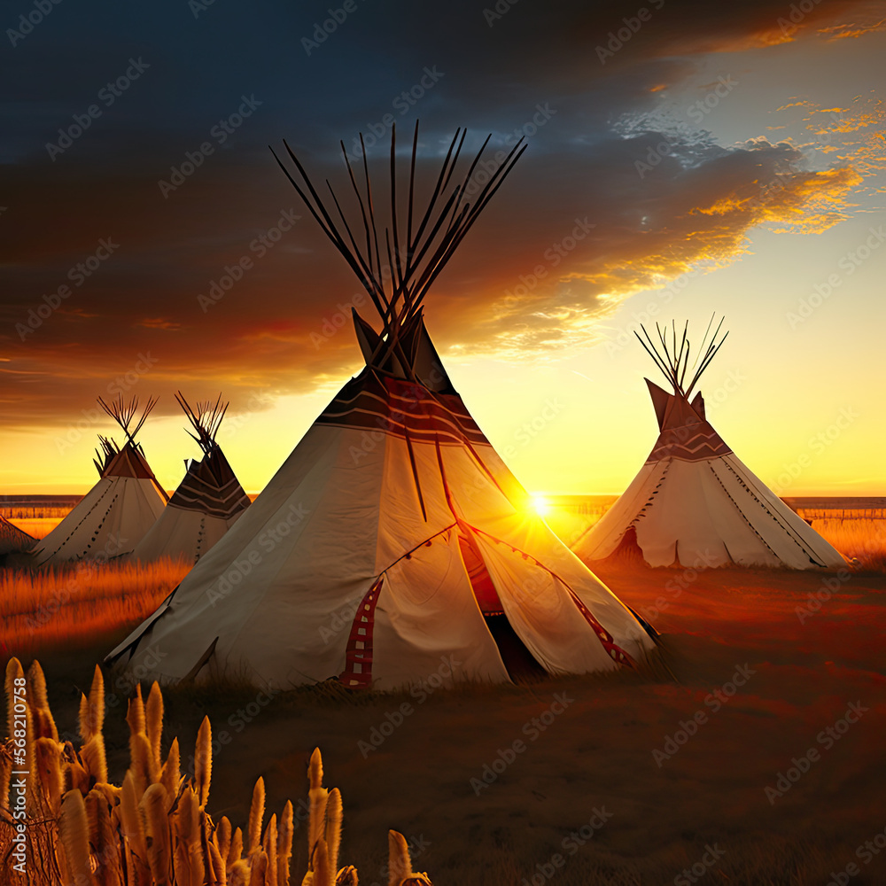 Native American village with traditional native Indian teepees during ...