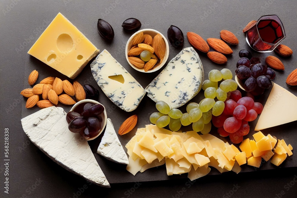 Cheese platter with different cheeses, fruits, nuts and wine on stone ...