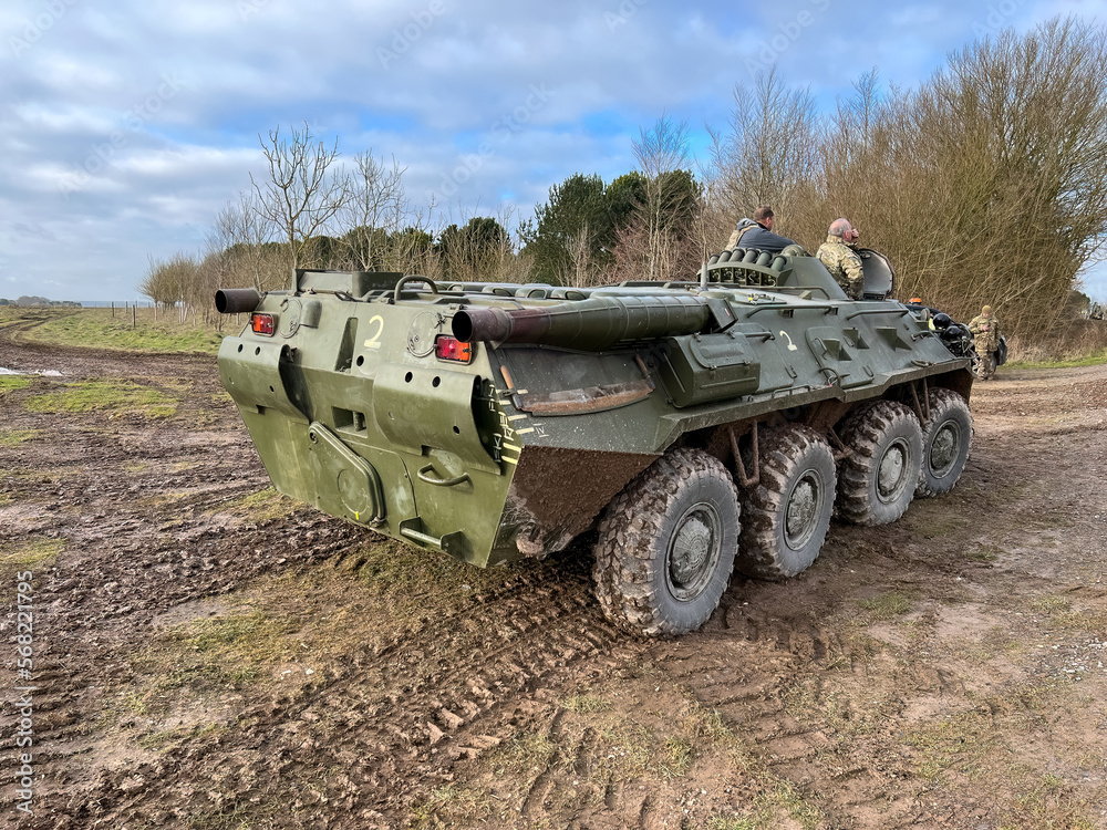 close-up of a Soviet Russian BTR80 BTR-80, 8×8 wheeled amphibious armoured personnel carrier ...
